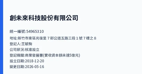 創未來科技股份有限公司的照片-統編 54965310(新竹市) 公司登記資料與營業項目詳細圖表