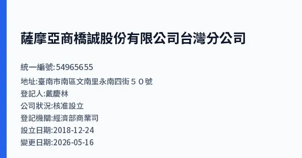 薩摩亞商橋誠股份有限公司台灣分公司的照片-統編 54965655(臺南市) 公司登記資料與營業項目詳細圖表