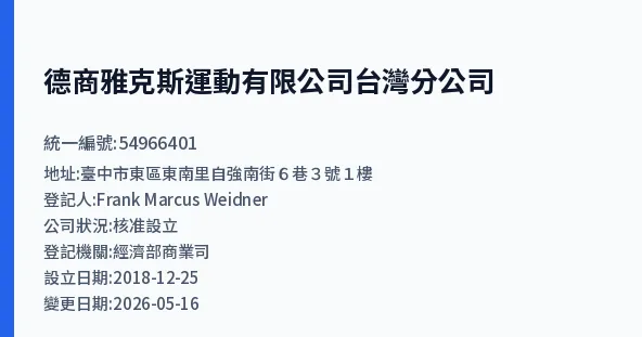 德商雅克斯運動有限公司台灣分公司的照片-統編 54966401(臺中市) 公司登記資料與營業項目詳細圖表