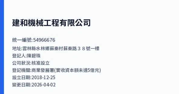 建和機械工程有限公司的照片-統編 54966676(雲林縣) 公司登記資料與營業項目詳細圖表
