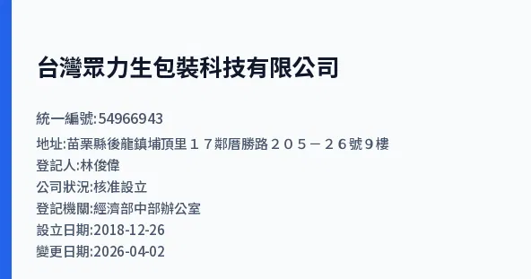 台灣眾力生包裝科技有限公司的照片-統編 54966943(苗栗縣) 公司登記資料與營業項目詳細圖表