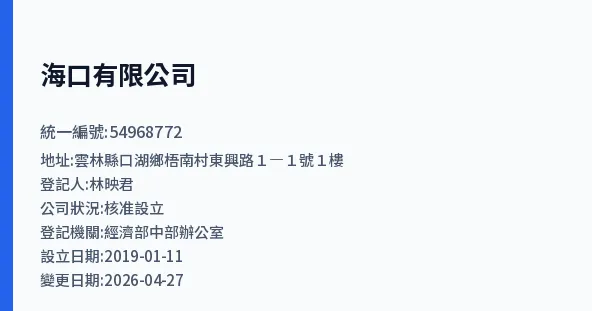 海口有限公司的照片-統編 54968772(雲林縣) 公司登記資料與營業項目詳細圖表