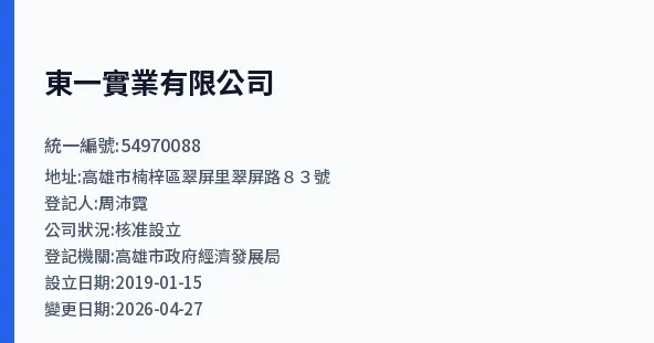 東一實業有限公司的照片-統編 54970088(高雄市) 公司登記資料與營業項目詳細圖表
