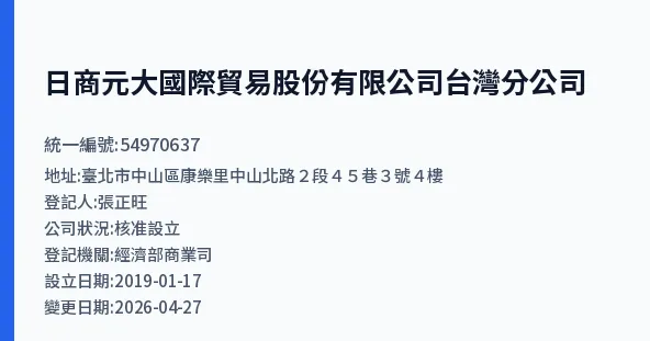 日商元大國際貿易股份有限公司台灣分公司的照片-統編 54970637(臺北市) 公司登記資料與營業項目詳細圖表