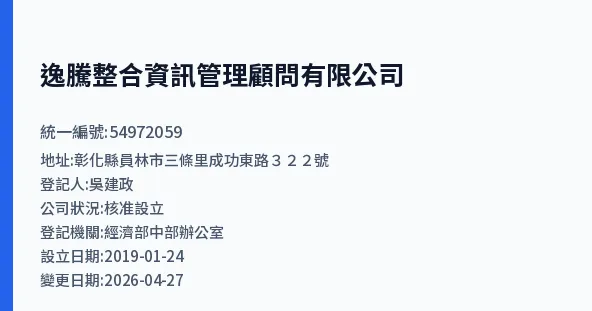 逸騰整合資訊管理顧問有限公司的照片-統編 54972059(彰化縣) 公司登記資料與營業項目詳細圖表