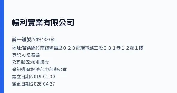 幔利實業有限公司的照片-統編 54973304(苗栗縣) 公司登記資料與營業項目詳細圖表