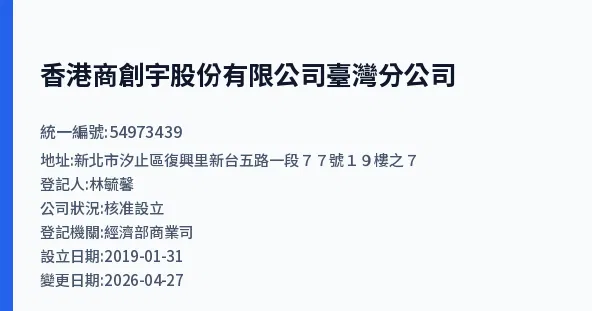 香港商創宇股份有限公司臺灣分公司的照片-統編 54973439(新北市) 公司登記資料與營業項目詳細圖表