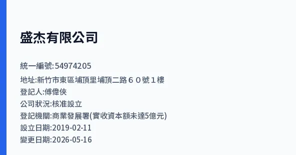 盛杰有限公司的照片-統編 54974205(新竹市) 公司登記資料與營業項目詳細圖表