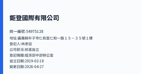 鉅登國際有限公司的照片-統編 54975128(嘉義縣) 公司登記資料與營業項目詳細圖表