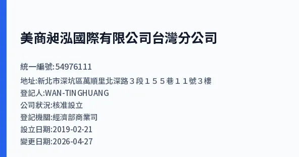 美商昶泓國際有限公司台灣分公司的照片-統編 54976111(新北市) 公司登記資料與營業項目詳細圖表