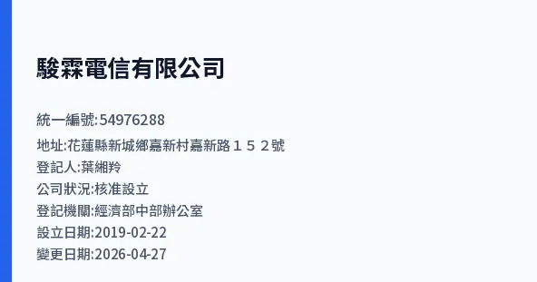 駿霖電信有限公司的照片-統編 54976288(花蓮縣) 公司登記資料與營業項目詳細圖表
