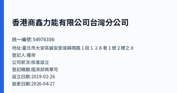 香港商鑫力能有限公司台灣分公司的照片-統編 54976386(臺北市) 公司登記資料與營業項目詳細圖表