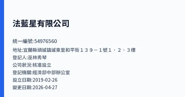 法藍星有限公司的照片-統編 54976560(宜蘭縣) 公司登記資料與營業項目詳細圖表