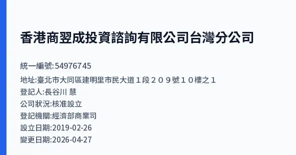 香港商翌成投資諮詢有限公司台灣分公司的照片-統編 54976745(臺北市) 公司登記資料與營業項目詳細圖表