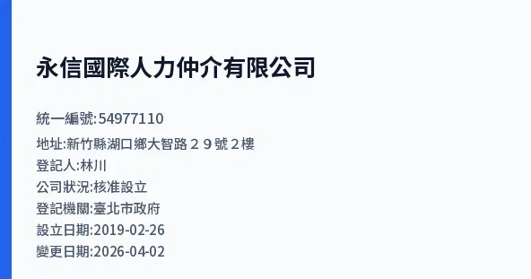 永信國際人力仲介有限公司的照片-統編 54977110(新竹縣) 公司登記資料與營業項目詳細圖表