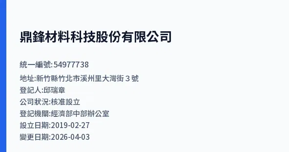 鼎鋒材料科技股份有限公司的照片-統編 54977738(新竹縣) 公司登記資料與營業項目詳細圖表