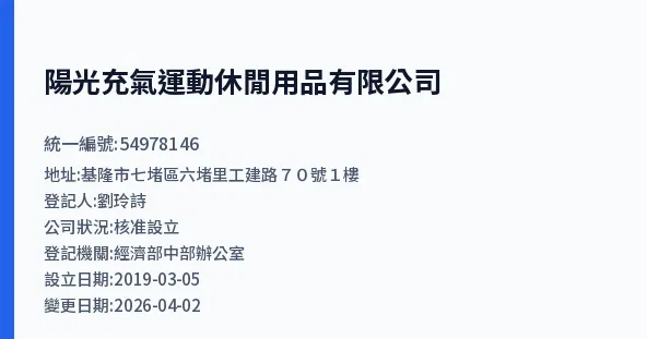 陽光充氣運動休閒用品有限公司的照片-統編 54978146(基隆市) 公司登記資料與營業項目詳細圖表