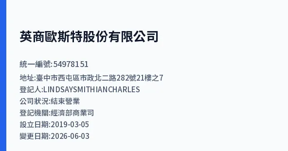 英商歐斯特股份有限公司的照片-統編 54978151(臺中市) 公司登記資料與營業項目詳細圖表