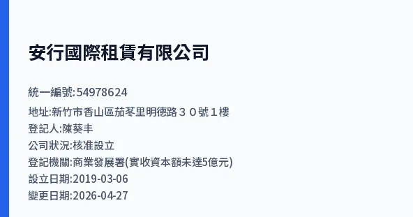 安行國際租賃有限公司的照片-統編 54978624(新竹市) 公司登記資料與營業項目詳細圖表