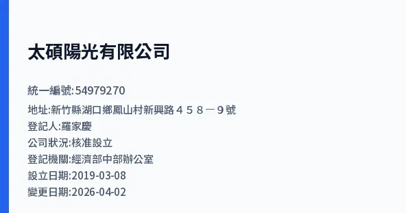 太碩陽光有限公司的照片-統編 54979270(新竹縣) 公司登記資料與營業項目詳細圖表