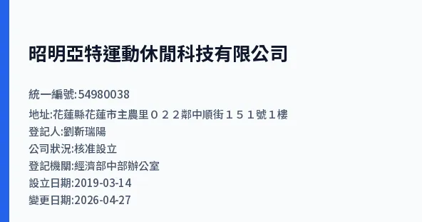 昭明亞特運動休閒科技有限公司的照片-統編 54980038(花蓮縣) 公司登記資料與營業項目詳細圖表