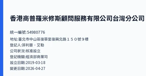 香港商普羅米修斯顧問服務有限公司台灣分公司的照片-統編 54980776(臺北市) 公司登記資料與營業項目詳細圖表