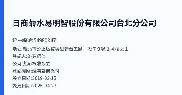 日商菊水易明智股份有限公司台北分公司的照片-統編 54980847(新北市) 公司登記資料與營業項目詳細圖表