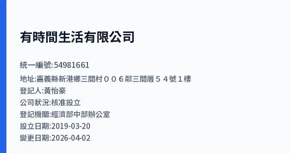 有時間生活有限公司的照片-統編 54981661(嘉義縣) 公司登記資料與營業項目詳細圖表