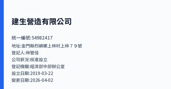 建生營造有限公司的照片-統編 54982417(金門縣) 公司登記資料與營業項目詳細圖表