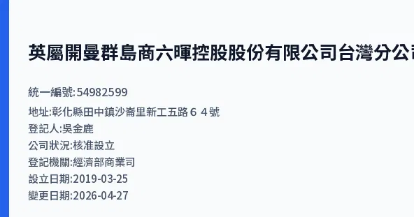 英屬開曼群島商六暉控股股份有限公司台灣分公司的照片-統編 54982599(彰化縣) 公司登記資料與營業項目詳細圖表