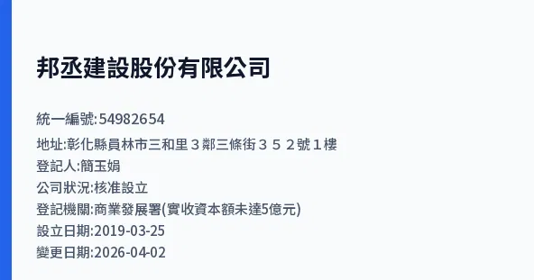 邦丞建設股份有限公司的照片-統編 54982654(彰化縣) 公司登記資料與營業項目詳細圖表