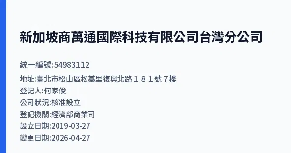 新加坡商萬通國際科技有限公司台灣分公司的照片-統編 54983112(臺北市) 公司登記資料與營業項目詳細圖表