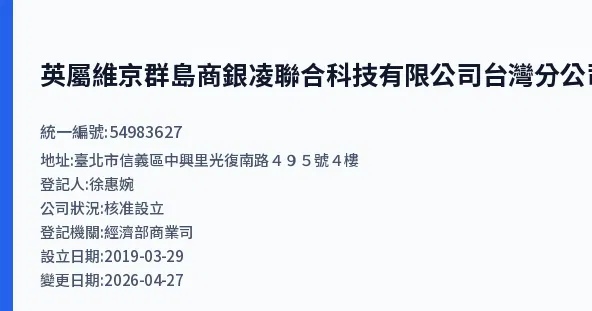 英屬維京群島商銀凌聯合科技有限公司台灣分公司的照片-統編 54983627(臺北市) 公司登記資料與營業項目詳細圖表