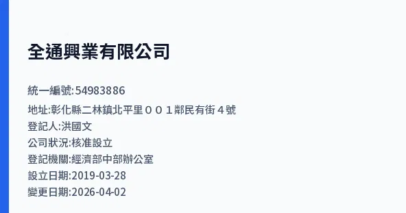 全通興業有限公司的照片-統編 54983886(彰化縣) 公司登記資料與營業項目詳細圖表