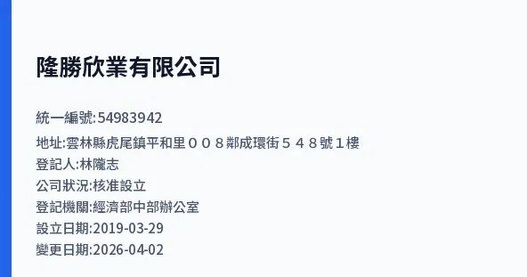 隆勝欣業有限公司的照片-統編 54983942(雲林縣) 公司登記資料與營業項目詳細圖表