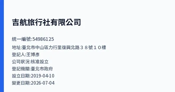 吉航旅行社有限公司的照片-統編 54986125(臺北市) 公司登記資料與營業項目詳細圖表