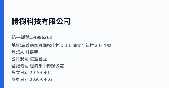 勝樹科技有限公司的照片-統編 54986363(嘉義縣) 公司登記資料與營業項目詳細圖表
