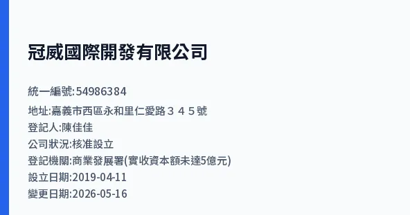 冠威國際開發有限公司的照片-統編 54986384(嘉義市) 公司登記資料與營業項目詳細圖表