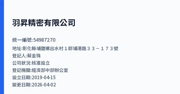 羽昇精密有限公司的照片-統編 54987270(彰化縣) 公司登記資料與營業項目詳細圖表