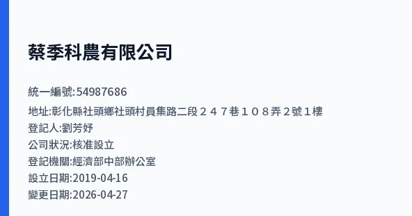 蔡季科農有限公司的照片-統編 54987686(彰化縣) 公司登記資料與營業項目詳細圖表