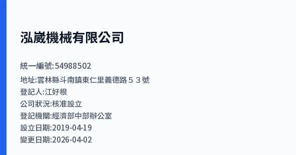 泓崴機械有限公司的照片-統編 54988502(雲林縣) 公司登記資料與營業項目詳細圖表