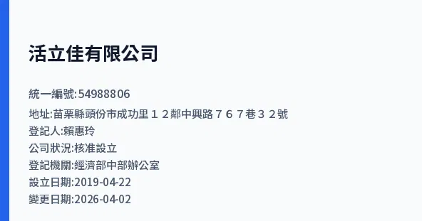 活立佳有限公司的照片-統編 54988806(苗栗縣) 公司登記資料與營業項目詳細圖表