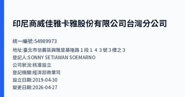 印尼商威佳雅卡雅股份有限公司台灣分公司的照片-統編 54989973(臺北市) 公司登記資料與營業項目詳細圖表