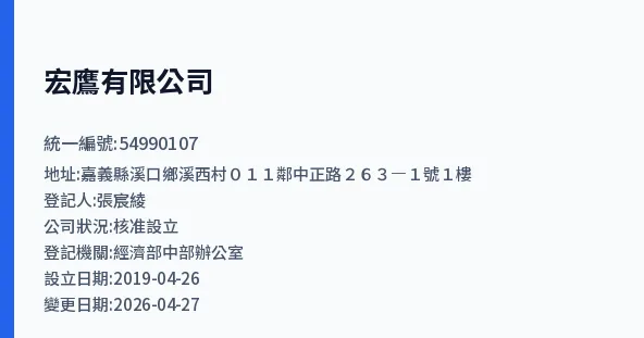 宏鷹有限公司的照片-統編 54990107(嘉義縣) 公司登記資料與營業項目詳細圖表