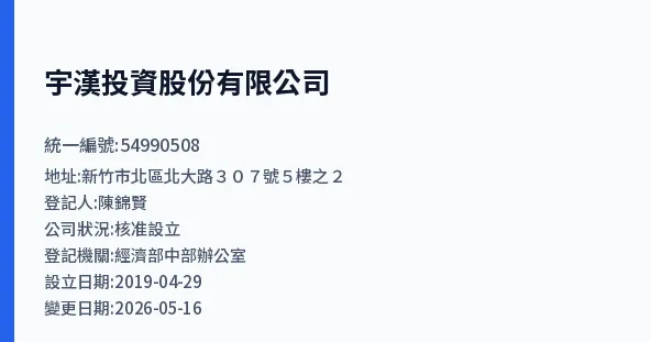 宇漢投資股份有限公司的照片-統編 54990508(新竹市) 公司登記資料與營業項目詳細圖表