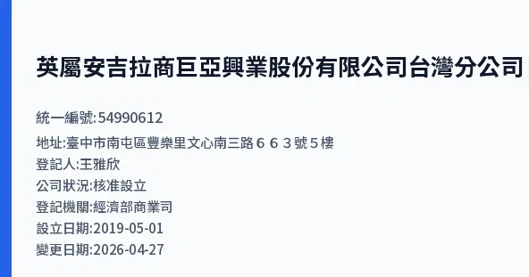 英屬安吉拉商巨亞興業股份有限公司台灣分公司的照片-統編 54990612(臺中市) 公司登記資料與營業項目詳細圖表