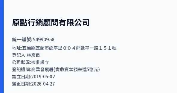 原點行銷顧問有限公司的照片-統編 54990958(宜蘭縣) 公司登記資料與營業項目詳細圖表