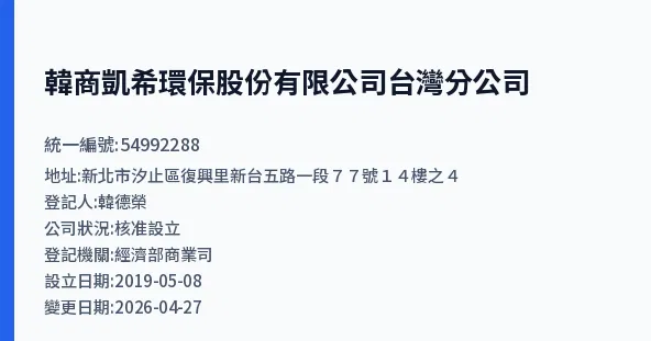 韓商凱希環保股份有限公司台灣分公司的照片-統編 54992288(新北市) 公司登記資料與營業項目詳細圖表
