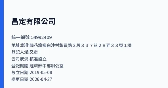 昌定有限公司的照片-統編 54992409(彰化縣) 公司登記資料與營業項目詳細圖表