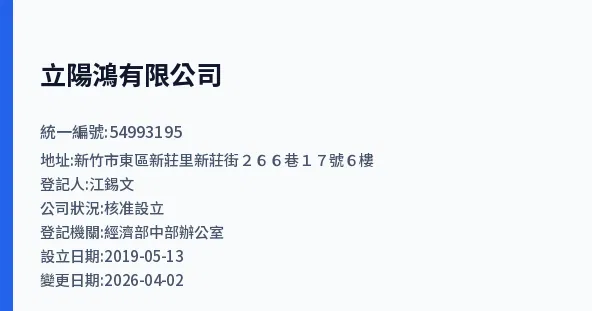 立陽鴻有限公司的照片-統編 54993195(新竹市) 公司登記資料與營業項目詳細圖表